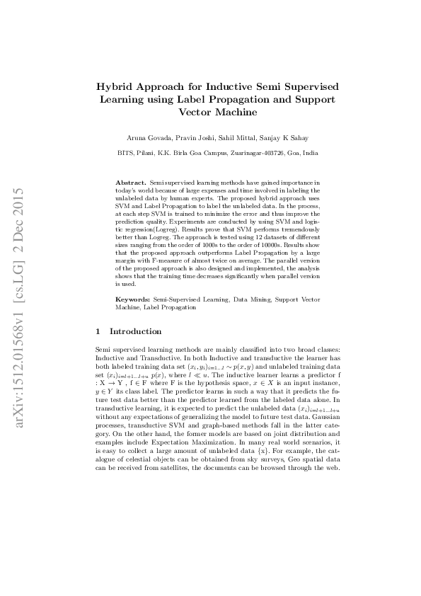 Pdf Hybrid Approach For Inductive Semi Supervised Learning Using Label Propagation And Support