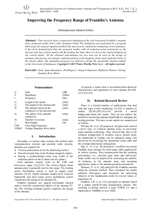 (PDF) Improving the Frequency Range of Franklin’s Antenna