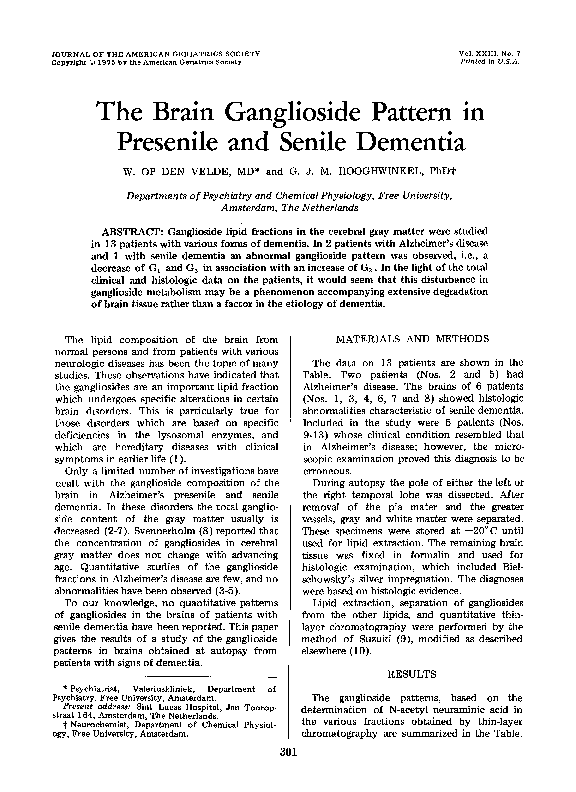 (PDF) The Brain Ganglioside Pattern in Presenile and Senile Dementia