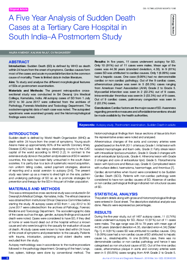 (PDF) A Five Year Analysis of Sudden Death Cases at A Tertiary Care ...