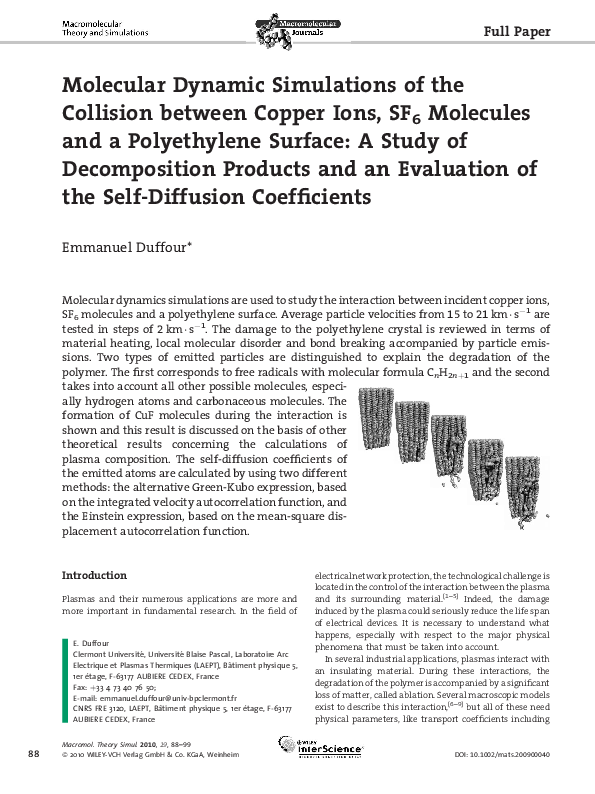 (PDF) Molecular Dynamic Simulations of the Collision between Copper Ions, SF6 Molecules and a ...