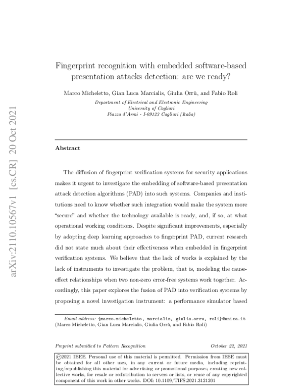 (PDF) Fingerprint Recognition With Embedded Presentation Attacks Detection: Are We Ready?