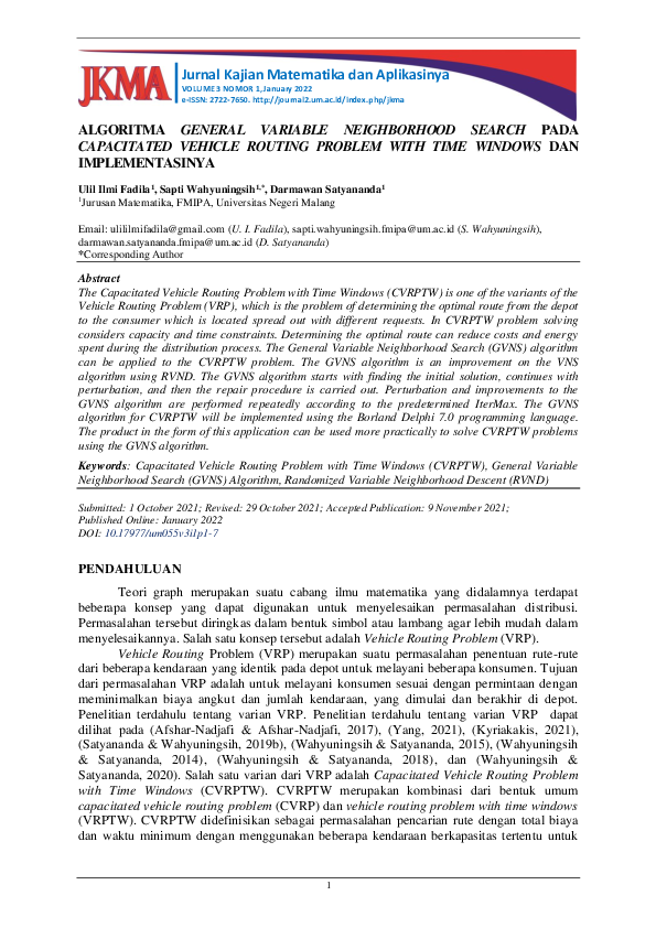 Pdf Algoritma General Variable Neighborhood Search Pada Capacitated Vehicle Routing Problem