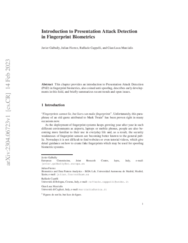 (PDF) Introduction to Presentation Attack Detection in Fingerprint Biometrics