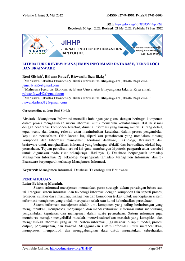 (PDF) Literature Review Manajemen Informasi: Database, Teknologi Dan ...