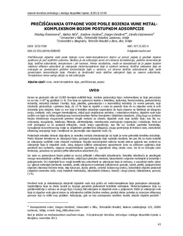(PDF) Prečišćavanja Otpadne Vode Posle Bojenja Vune Metal-Kompleksnom Bojom Postupkom Adsorpcije ...