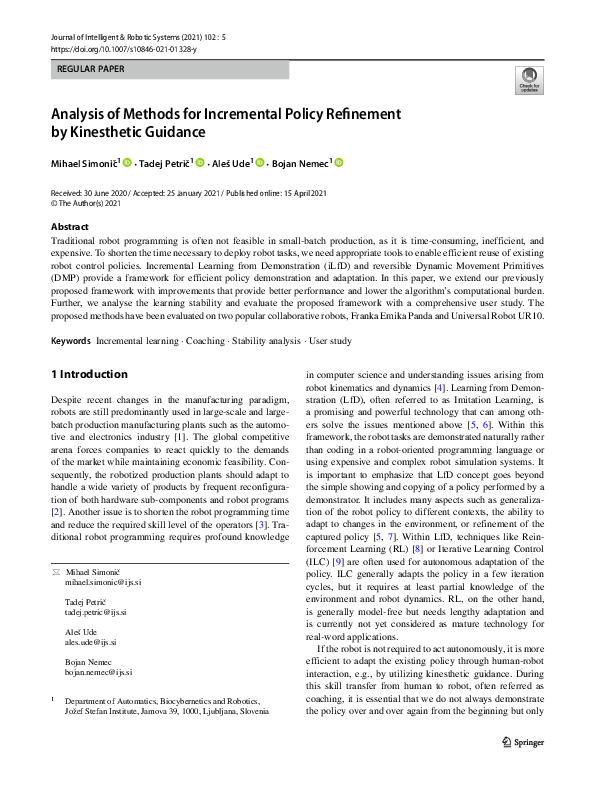 (PDF) Analysis of Methods for Incremental Policy Refinement by Kinesthetic Guidance | Bojan ...