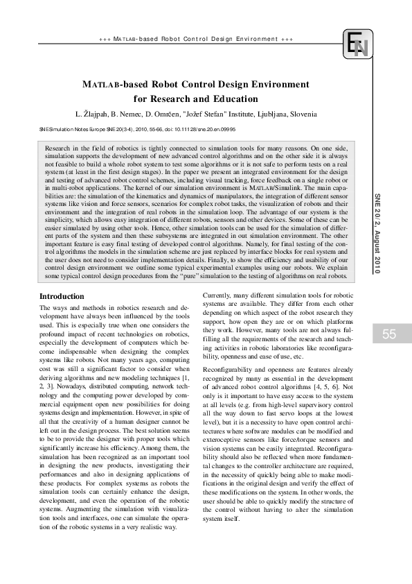 Pdf Matlab Based Robot Control Design Environment For Research And