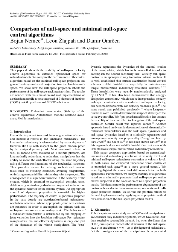 Pdf Comparison Of Null Space And Minimal Null Space Control Algorithms