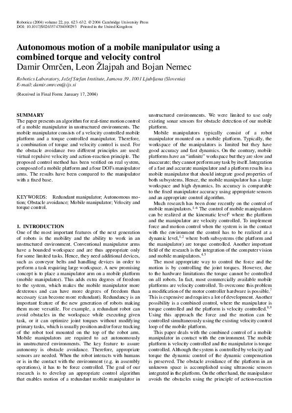 (PDF) Autonomous motion of a mobile manipulator using a combined torque and velocity control