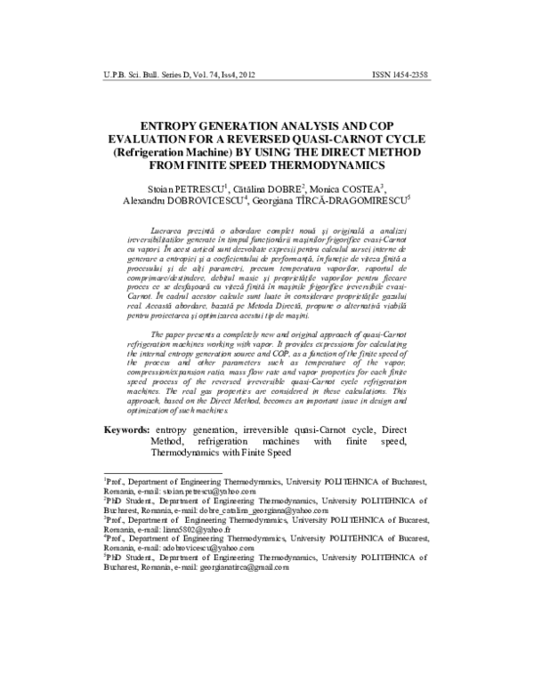 (PDF) ENTROPY GENERATION ANALYSIS AND COP EVALUATION FOR A REVERSED QUASI-CARNOT CYCLE ...