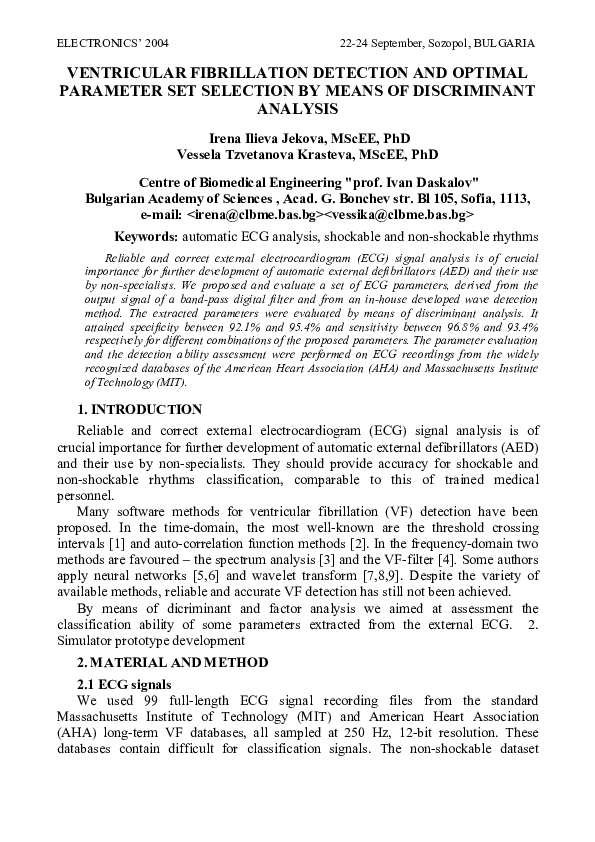 Pdf Ecg Analysis For Ventricular Fibrillation Detection Using Discriminant Analysis