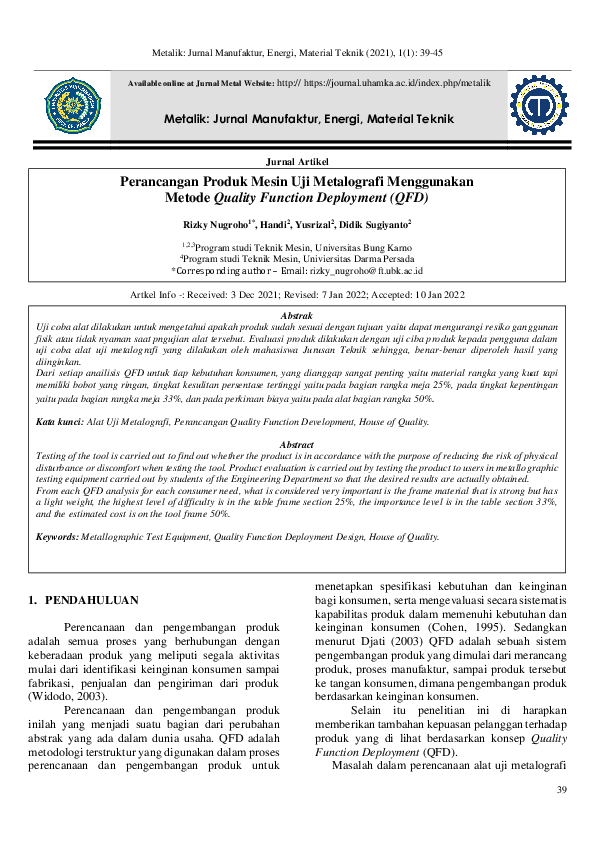 (PDF) Perancangan Produk Mesin Uji Metalografi Menggunakan Metode Quality Function Deployment ...