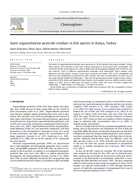(PDF) Some organochlorine pesticide residues in fish species in Konya, Turkey