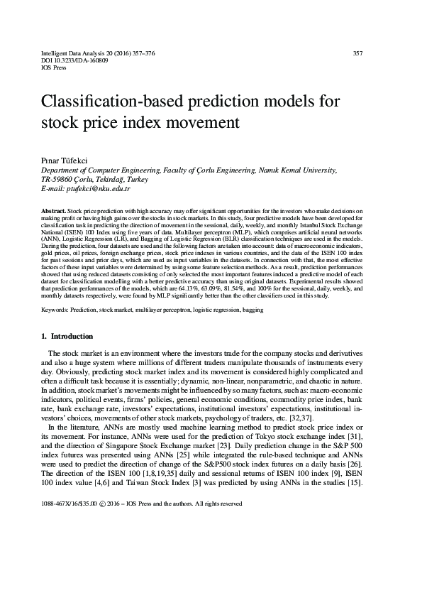 (PDF) Classification-based prediction models for stock price index movement