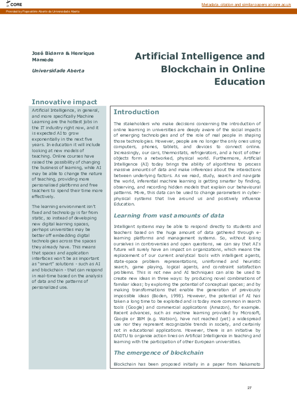 (PDF) Artificial intelligence and blockchain in online education