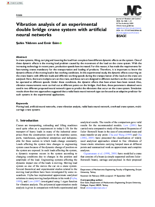 (PDF) Vibration analysis of an experimental double bridge crane system with artificial neural ...