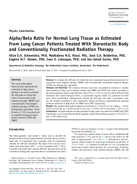 (PDF) Alpha/Beta Ratio for Normal Lung Tissue as Estimated From Lung ...