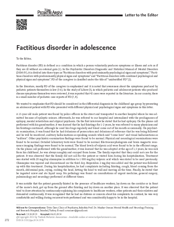 (PDF) Factitious disorder in adolescence