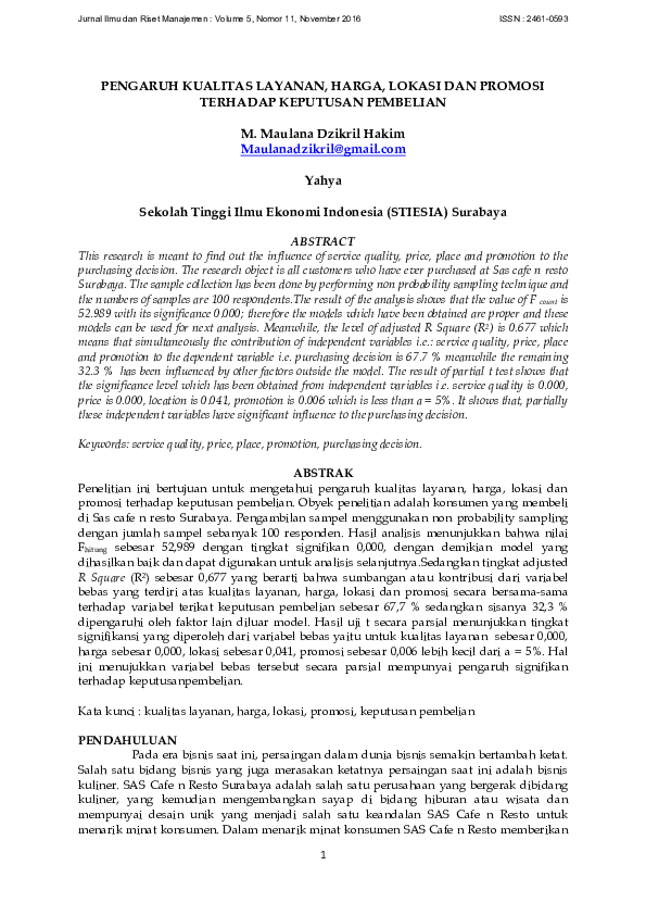 (PDF) Pengaruh Kualitas Layanan, Harga, Lokasi Dan Promosi Terhadap Keputusan Pembelian