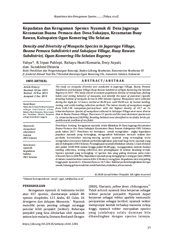 (PDF) Kepadatan dan Keragaman Spesies Nyamuk di Desa Jagaraga Kecamatan Buana Pemaca dan Desa ...