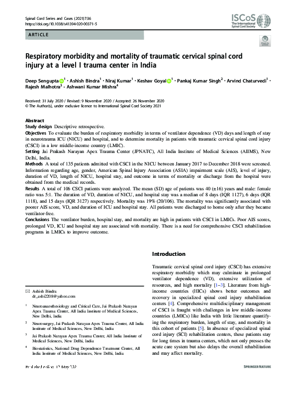 (PDF) Respiratory morbidity and mortality of traumatic cervical spinal cord injury at a level I ...
