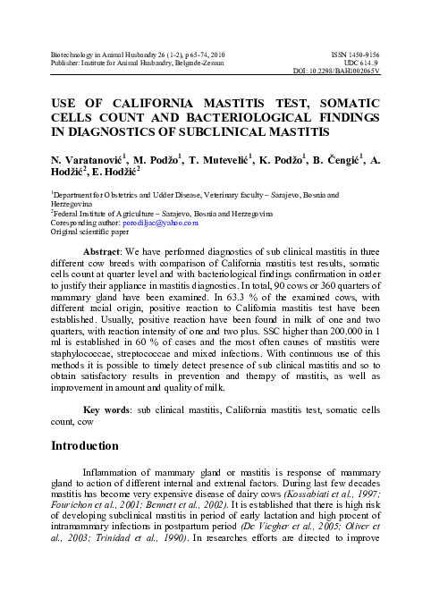 (PDF) Use of California mastitis test, somatic cells count and ...