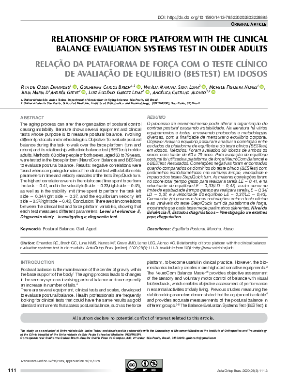 (PDF) Relationship of Force Platform with the Clinical Balance ...