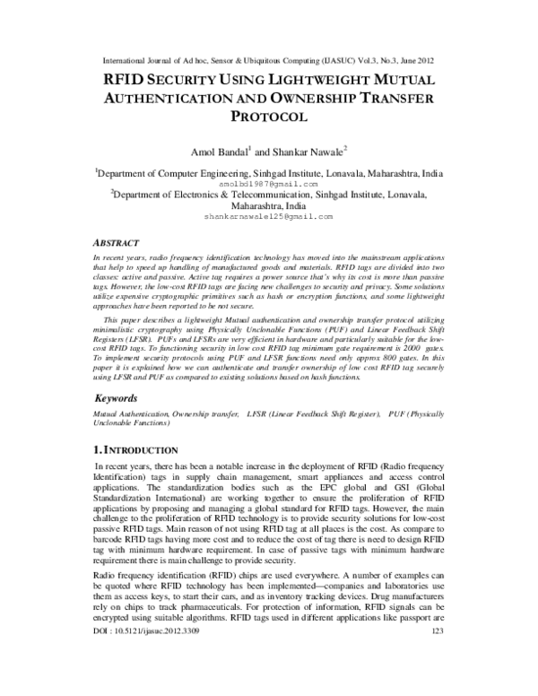 (PDF) Lightweight RFID Security via PUF and LFSR