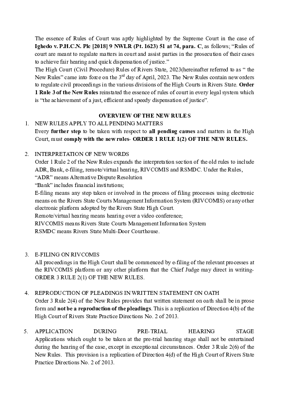 (PDF) OVERVIEW OF THE HIGH COURT OF RIVERS STATE CIVIL PROCEDURE RULES 2023