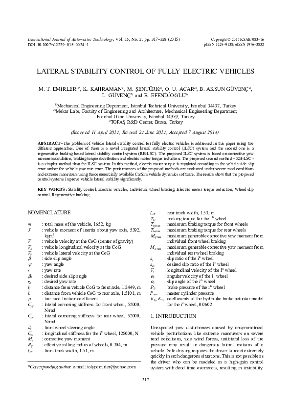 (PDF) Lateral stability control of fully electric vehicles