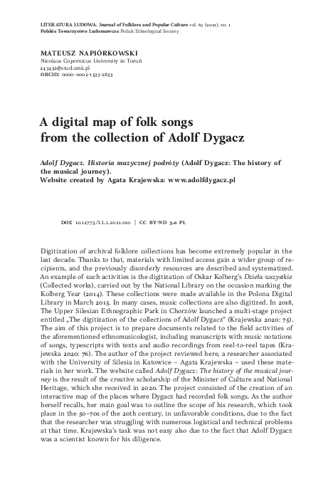 (PDF) A digital map of folk songs from the collection of Adolf Dygacz