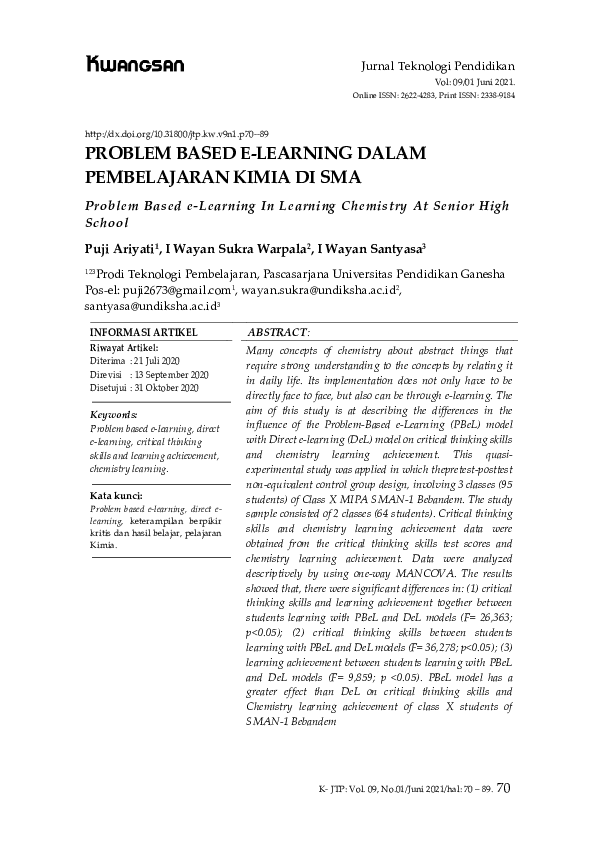 (PDF) Problem Based E-Learning Dalam Pembelajaran Kimia DI Sma