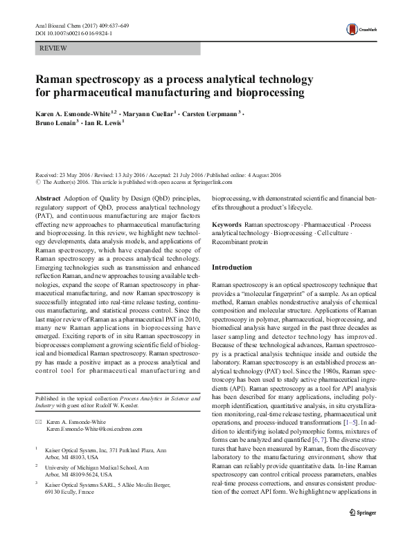 (PDF) Raman spectroscopy as a process analytical technology for pharmaceutical manufacturing and ...