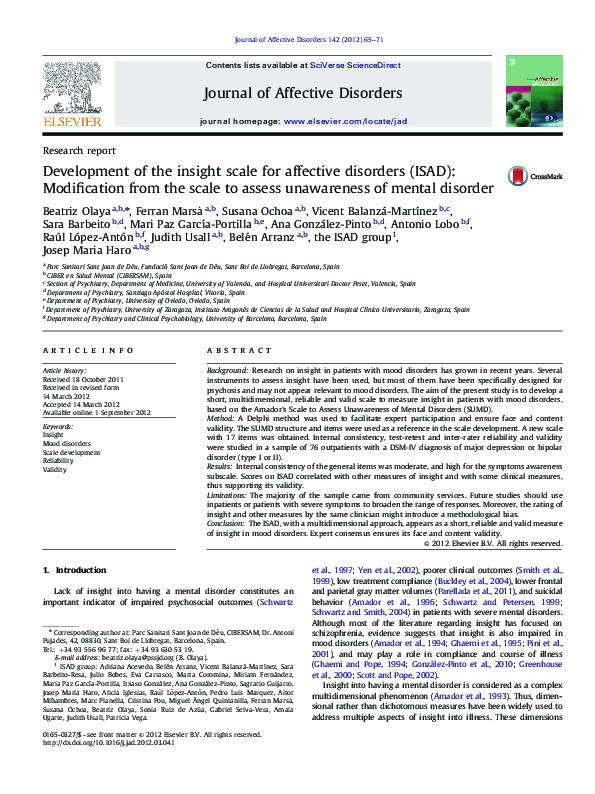 (PDF) Development of the insight scale for affective disorders (ISAD): Modification from the ...