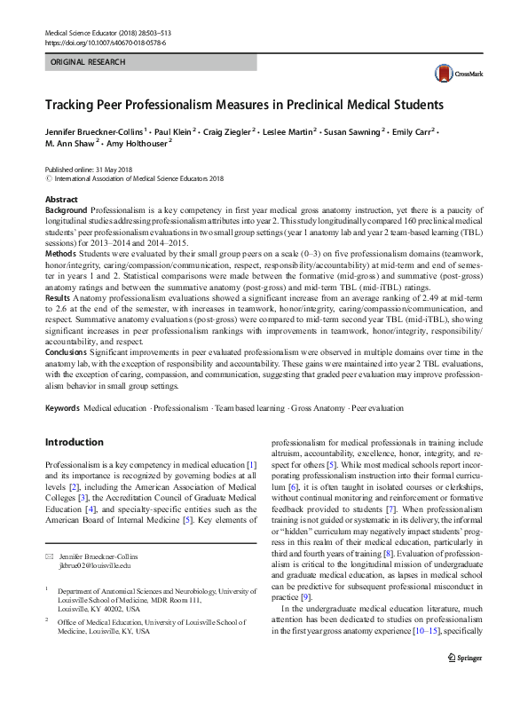 (PDF) Tracking Peer Professionalism Measures in Preclinical Medical ...