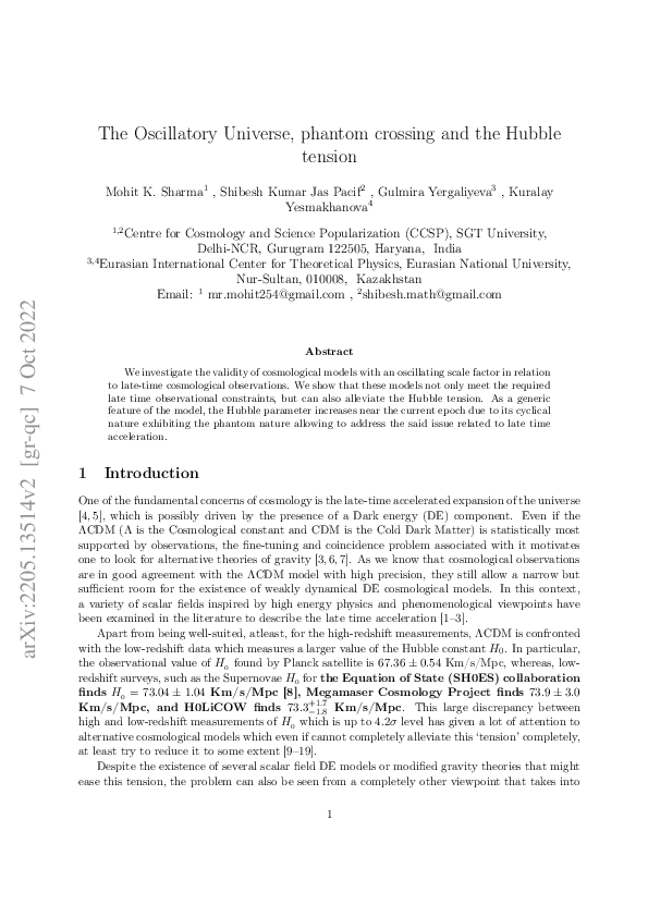 (PDF) The oscillatory universe, phantom crossing and the Hubble tension