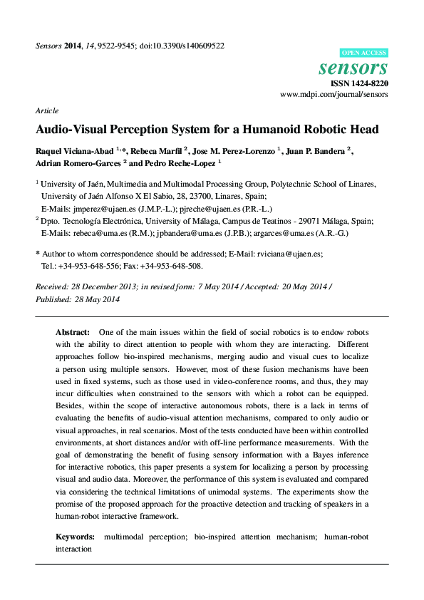 (PDF) Audio-Visual Perception System for a Humanoid Robotic Head