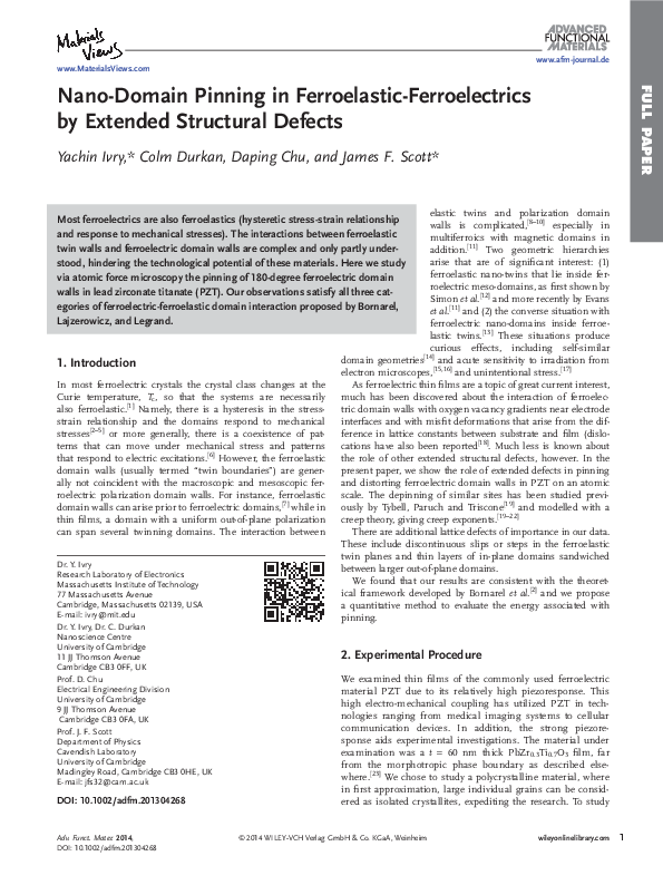 (PDF) Nano-Domain Pinning in Ferroelastic-Ferroelectrics by Extended Structural Defects