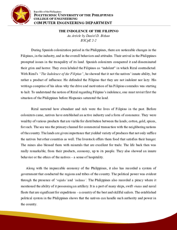 (PDF) A Reflection on Rizal’s The Indolence of the Filipino