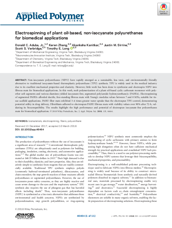(PDF) Electrospinning of plant oil-based, non-isocyanate polyurethanes ...