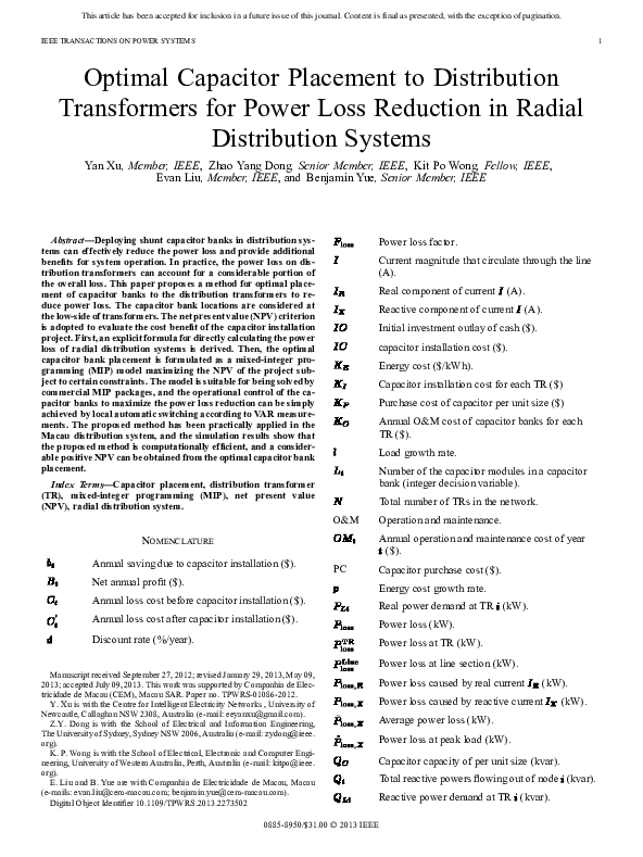 (PDF) Optimal Capacitor Placement to Distribution Transformers for ...