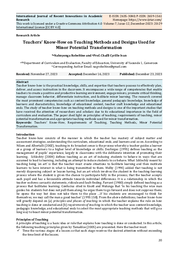 (PDF) Teachers' Know-How on Teaching Methods and Designs Used for Minor Potential Transformation