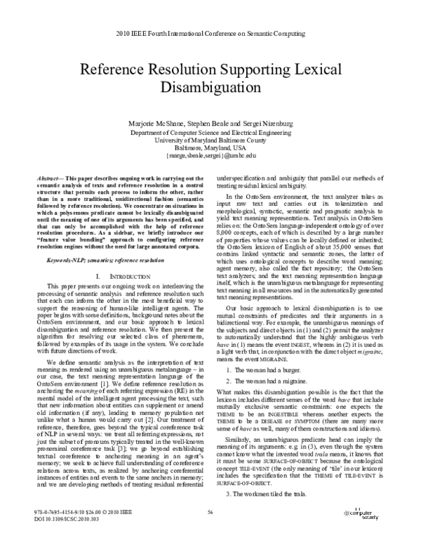 (PDF) Reference Resolution Supporting Lexical Disambiguation