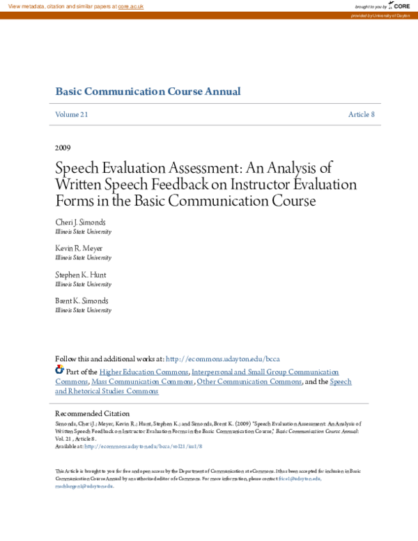 (PDF) Speech Evaluation Assessment: An Analysis of Written Speech Feedback on Instructor ...