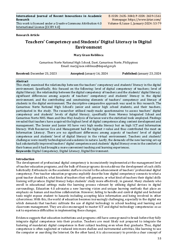 (PDF) Teachers' Competency and Students' Digital Literacy in Digital ...