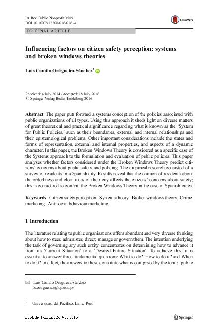 (PDF) Influencing factors on citizen safety perception: systems and broken windows theories ...