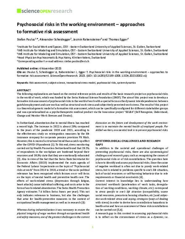 (PDF) Psychosocial risks in the working environment -approaches to ...