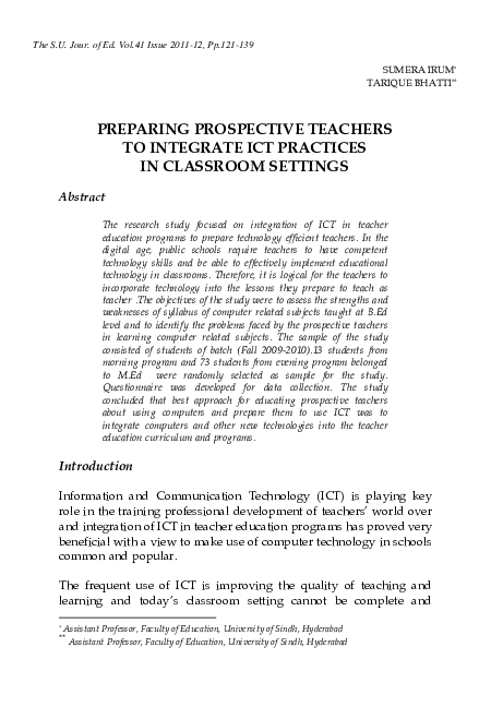 (PDF) Preparing Prospective Teachers to Integrate Ict Practices in Classroom Settings