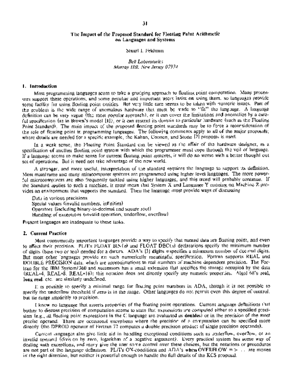 (PDF) The impact of the proposed standard for floating point arithmetic on languages and systems